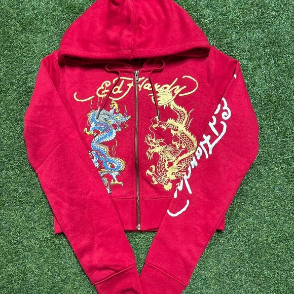 Ed Hardy | Tops | Red Ed Hardy Zip Up Hoodie With Dragon Design ...